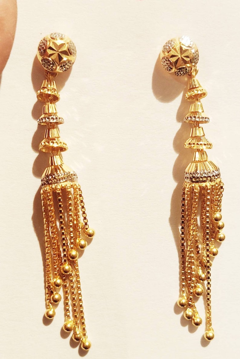 22k Solid Gold Long Earrings Chain Earrings Indian Threader - Etsy
