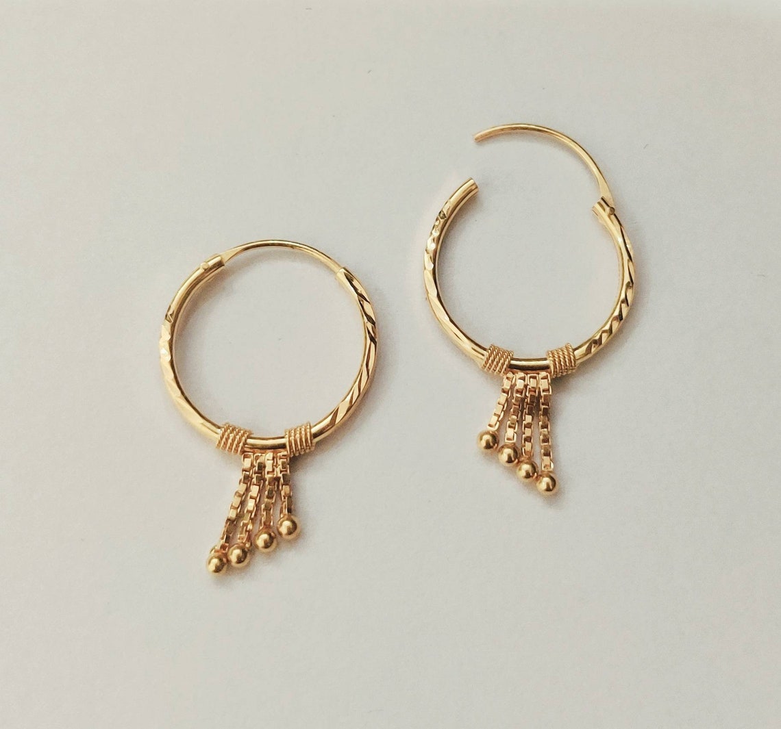 22k Gold Hoops Indian Hoops Dangling Chain Hoopssolid Gold - Etsy