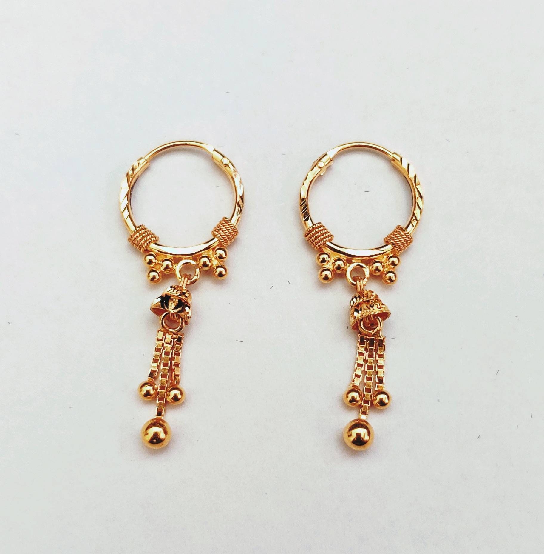 22k Gold Hoops With Dangling Chain, Solid Gold Hoops, Rajasthani Gold ...