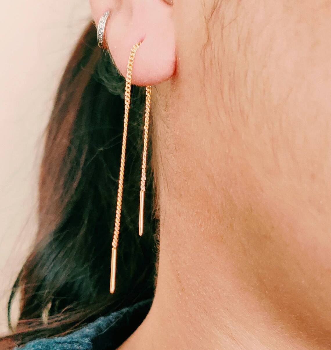 22k Gold Threader Gold Chain Threader Gold Chain Earring | Etsy