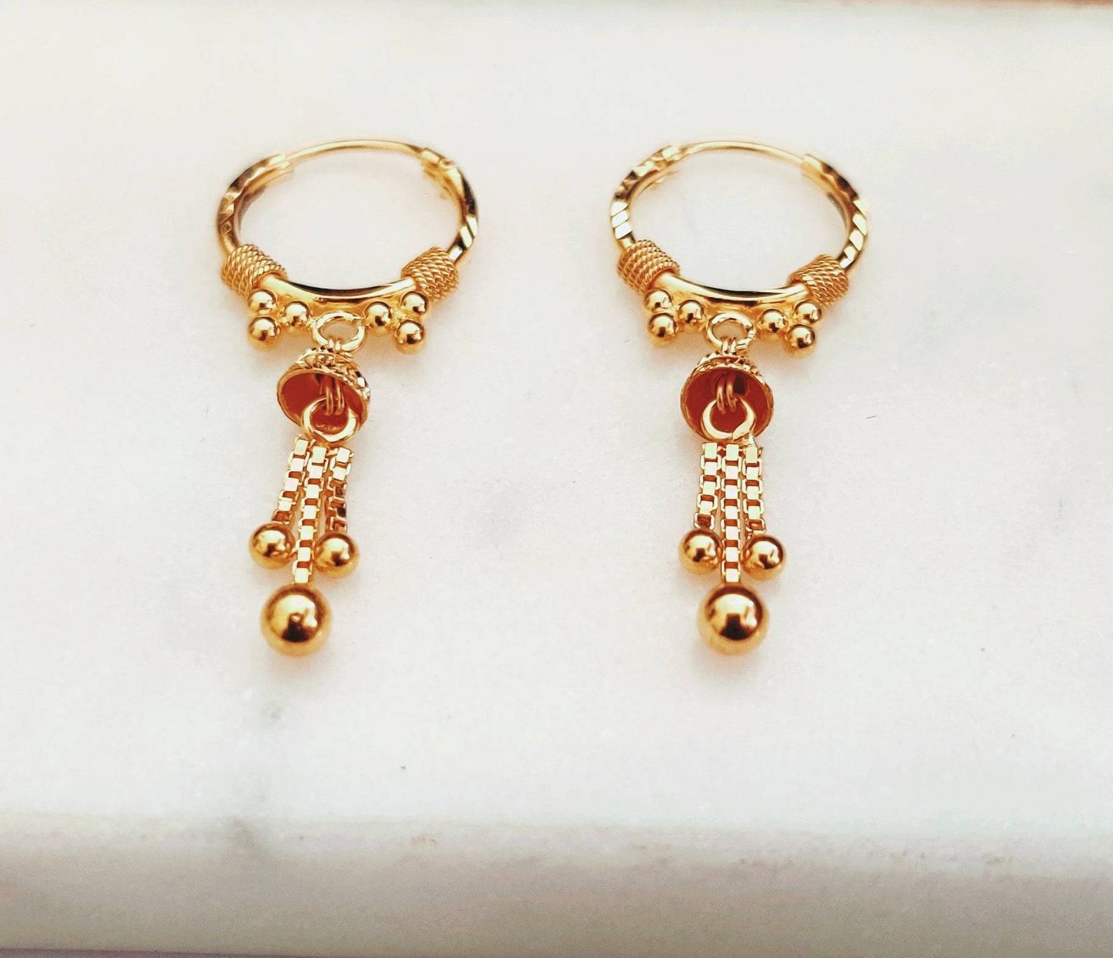 22k Gold Hoops With Dangling Chain, Solid Gold Hoops, Rajasthani Gold ...