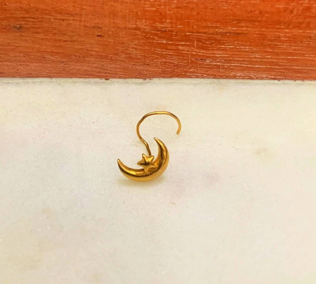 18k Gold Star Moon Nose Pin Designer Nose Pin Star Moon Nose - Etsy