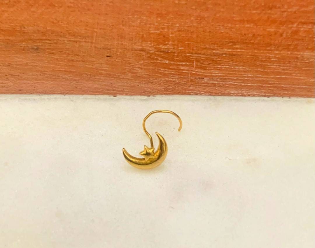 18k Gold Star Moon Nose Pin Designer Nose Pin Star Moon Nose - Etsy