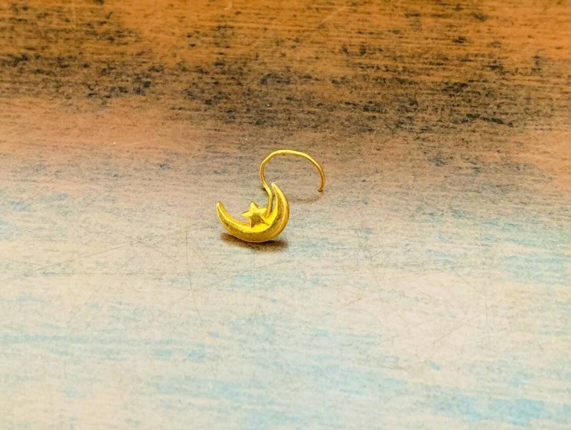 18k Gold Star Moon Nose Pin, Designer Nose Pin, Star Moon Nose Pin ...