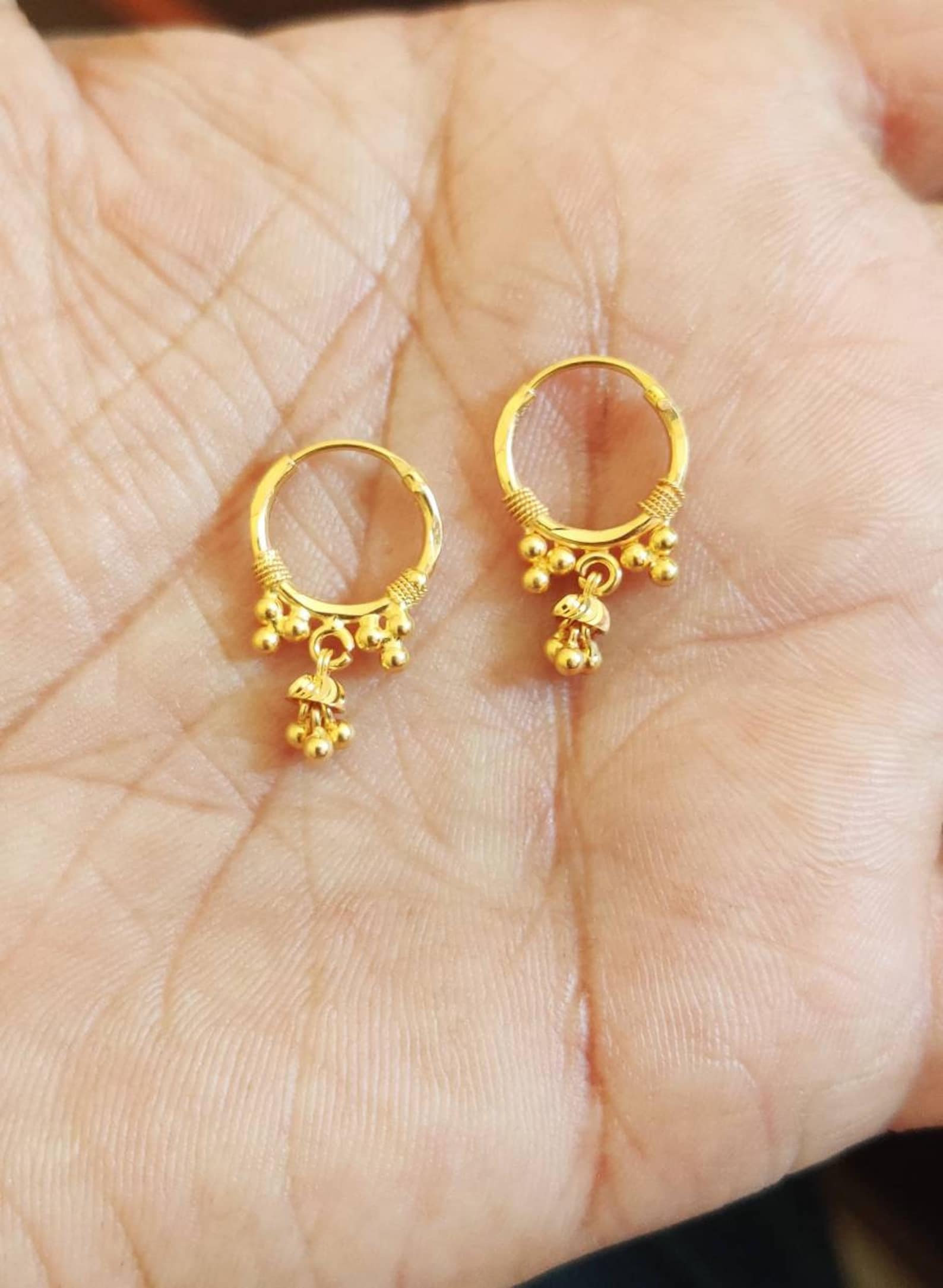 22k Gold Hoop, Dangling Bell Gold Hoop, Solid Gold Hoop, Classic ...