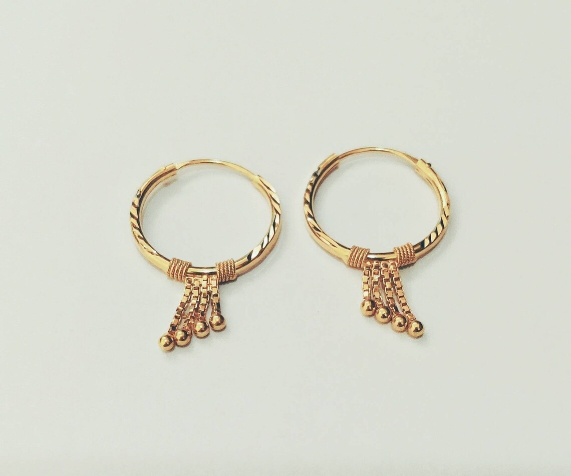 22k Gold Hoops, Indian Hoops, Dangling Chain Hoops,solid Gold Earrings ...