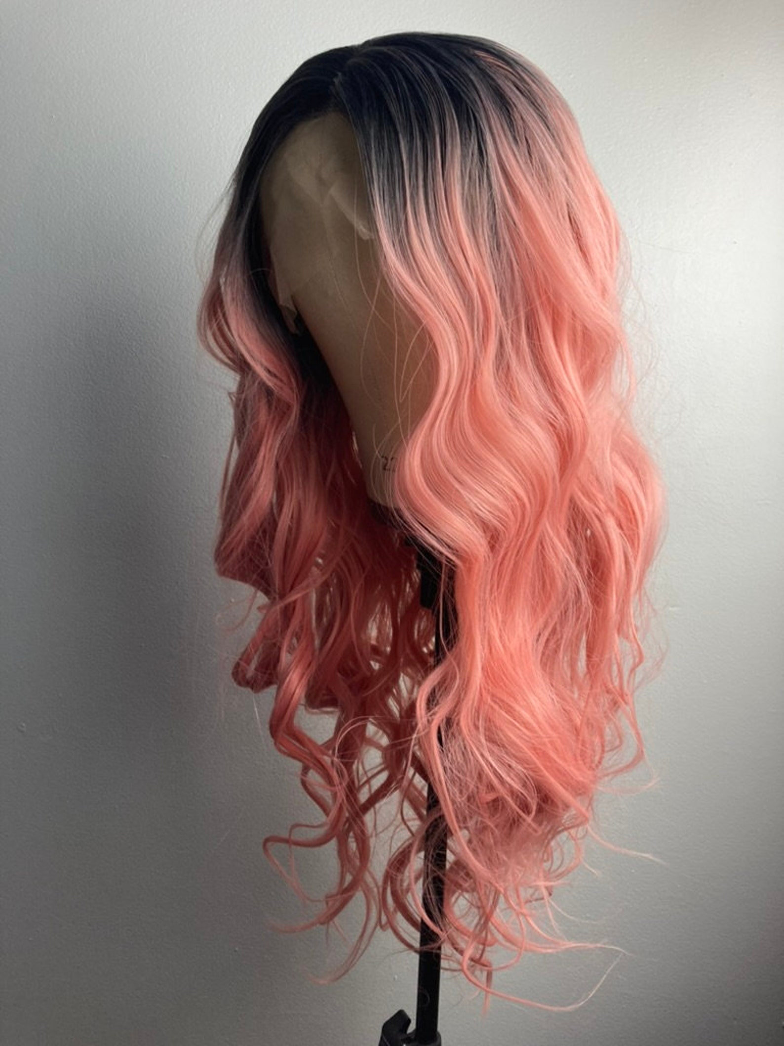Black Root Peach Pink Wig,pink Lace Wig,lace Front Wig,pink Wigs,pastel ...