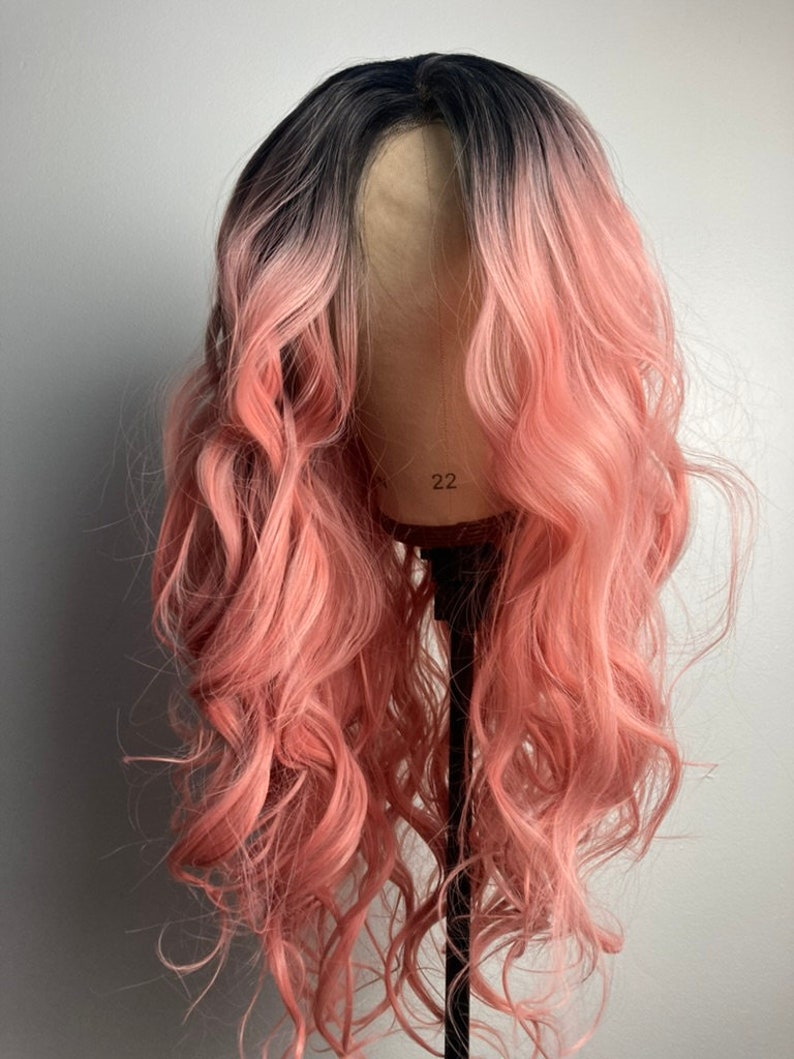 Black Root Peach Pink Wig,pink Lace Wig,lace Front Wig,pink Wigs,pastel ...