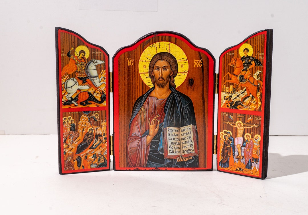 Triptych Wooden Icon With Jesus Christ Blessing and Narrative of the Virgin Mary's Annunciation ...