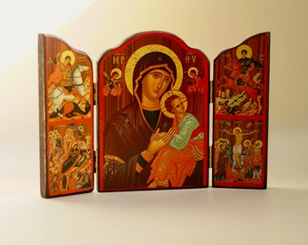 Triptych Wooden Icon of Holy Theotokos and With Many Themes of | Etsy