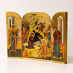 Triptych Wooden Icon With the Birth of Christ and the Holy Theotokos , Greek Orthodox Icon ...
