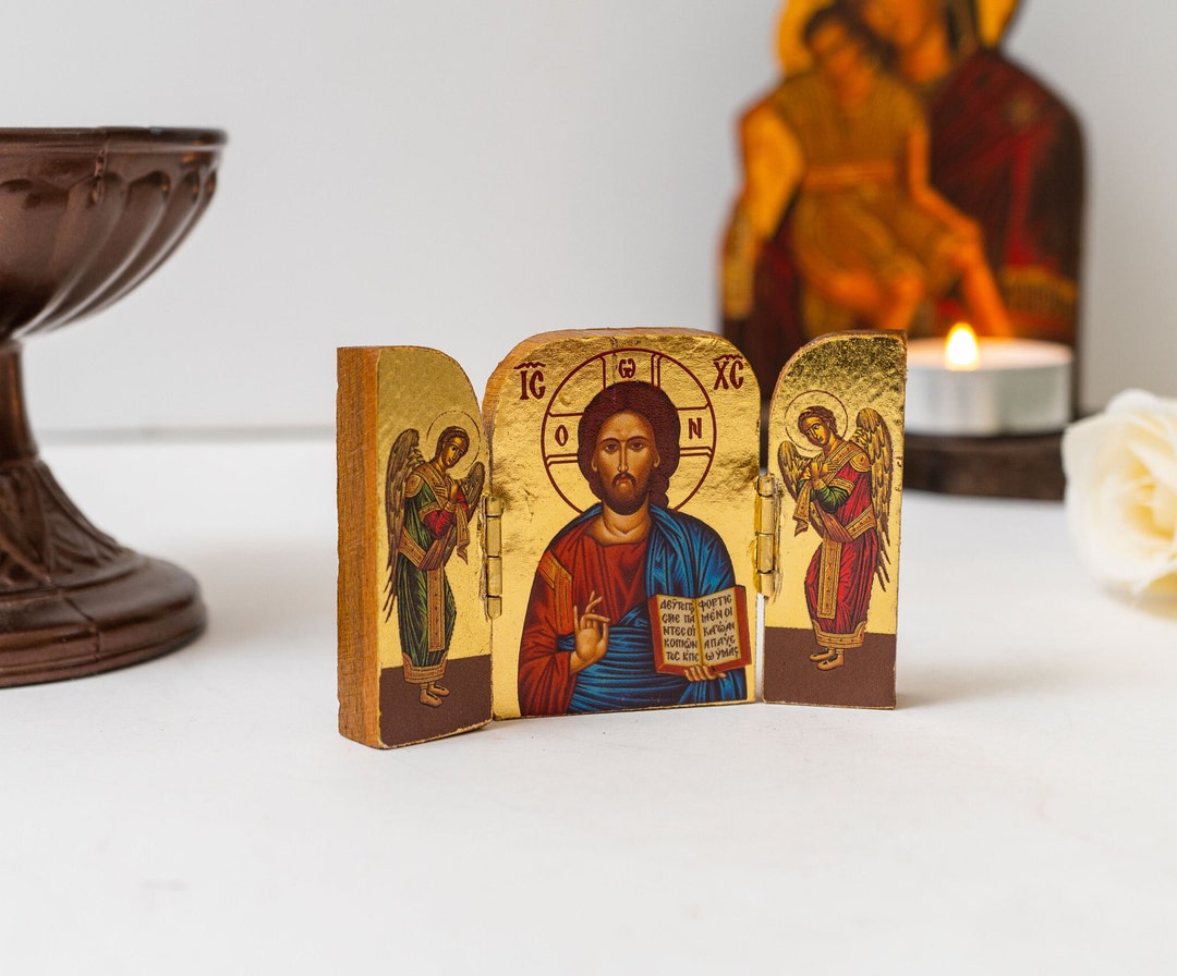 Triptych Small Wooden Icon With Rhe Jesus Christ the Blessing and Archangels, Greek Orthodox ...