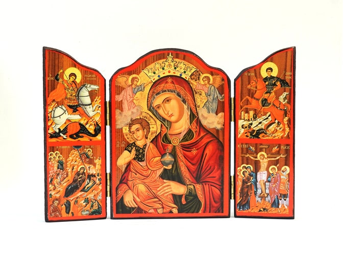 Triptych Wooden Icon of Holy Theotokos With Jesus and Many Themes of Byzantine Icons , Greek ...