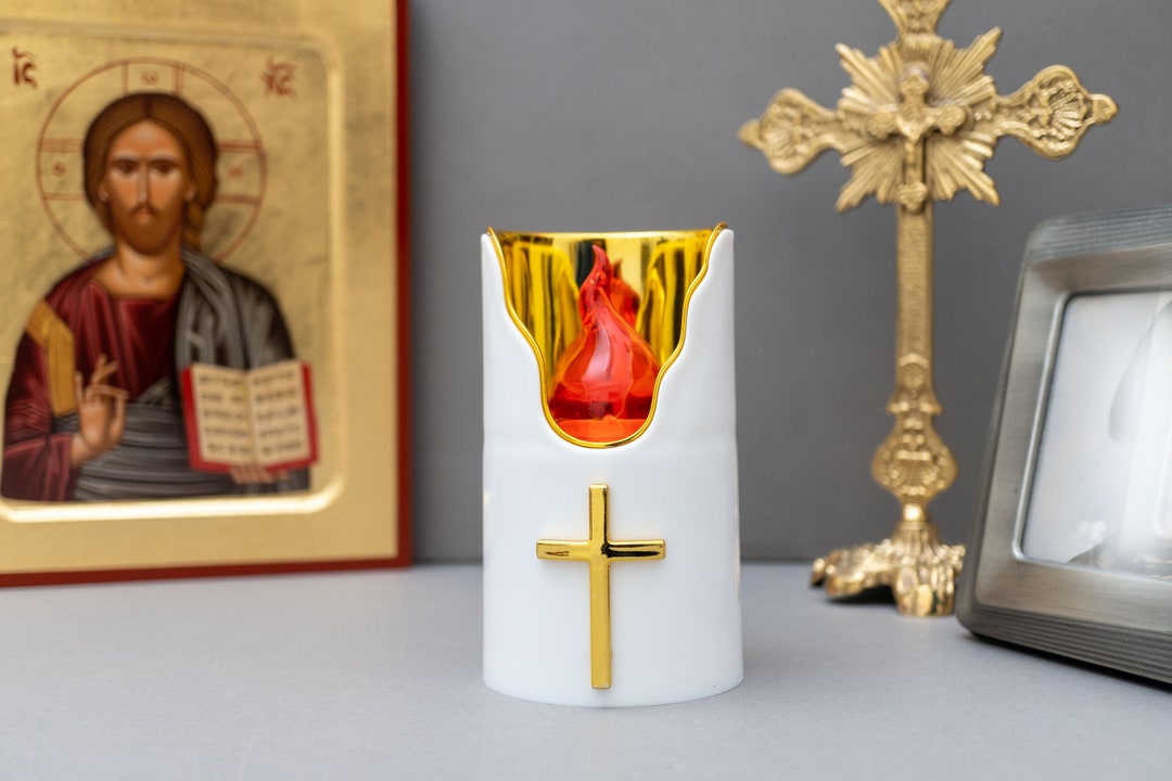 Memorial Light Battery Church Candle With Red LED in Stunning White Can ...