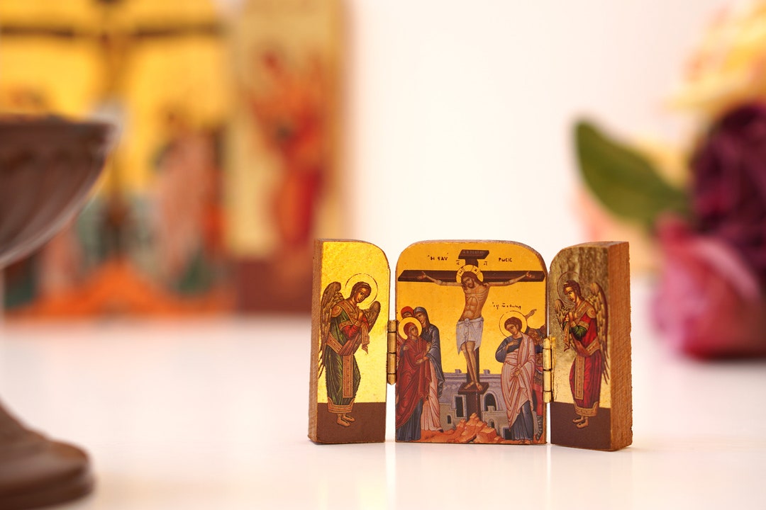 Triptych Small Wooden Icon With the Crucifixion of Jesus Christ and Archangels, Greek Orthodox ...