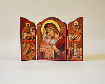 Triptych Wooden Icon of Holy Theotokos and With Many Themes of | Etsy