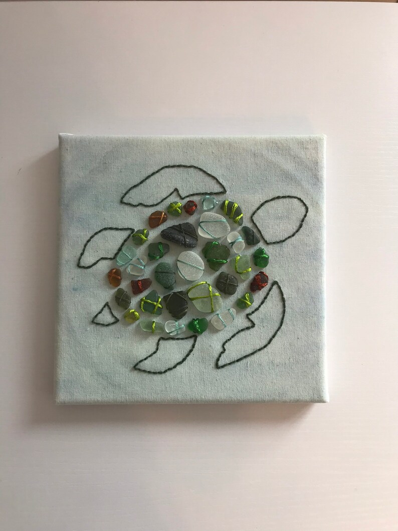 Turtle Embroidery and Sea Glass Art on Hand Painted Watercolour Fabric ...