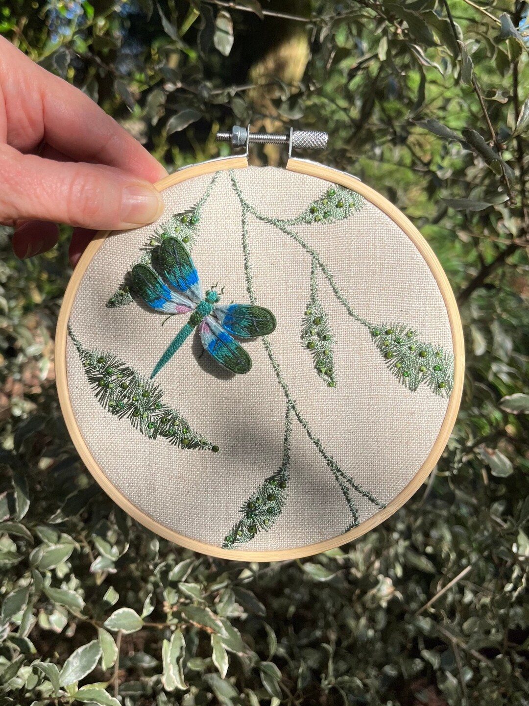 3D Dragonfly Embroidery With Beaded Leaves // Stumpwork Embroidery, - Etsy