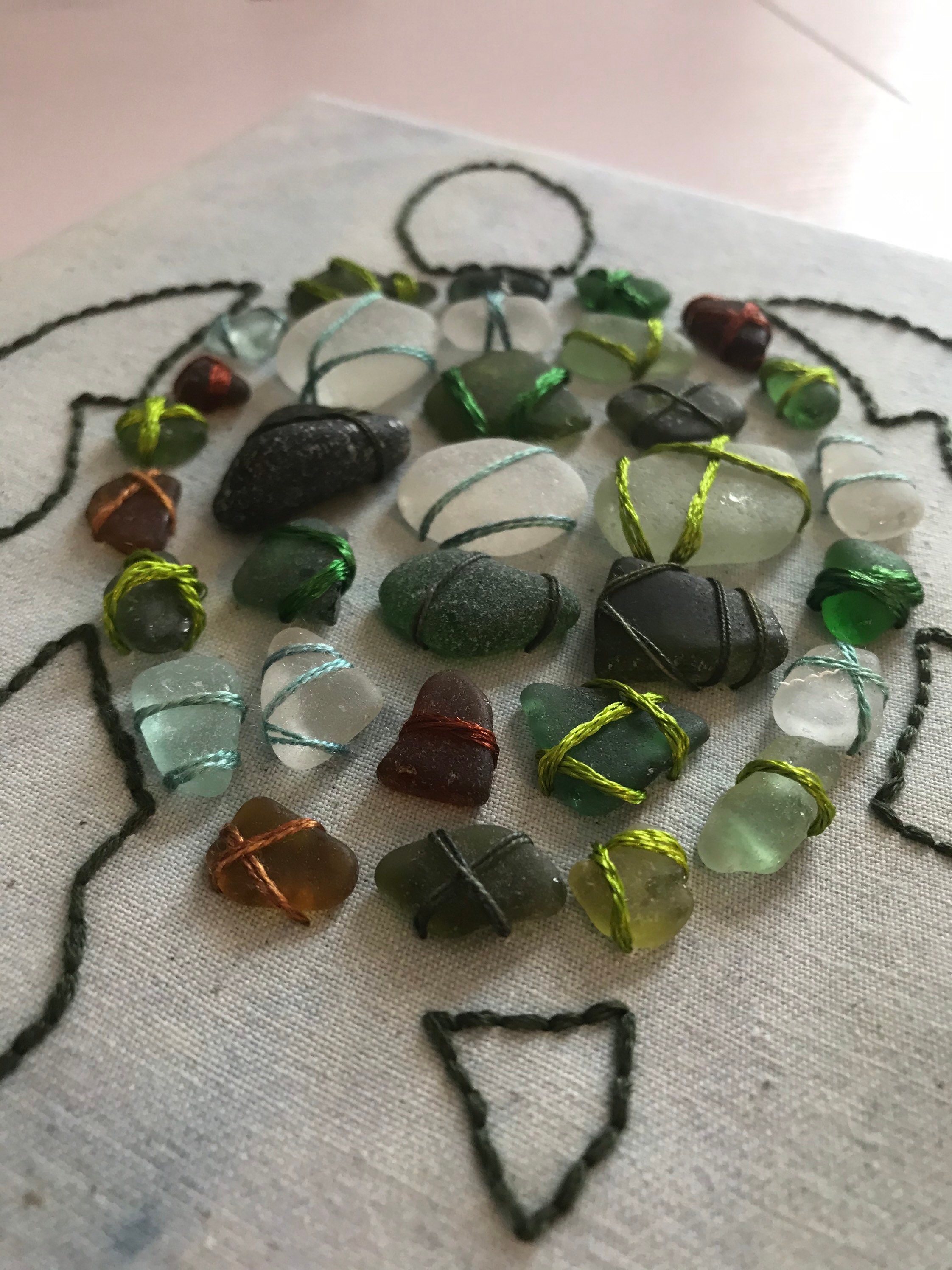 Turtle Embroidery and Sea Glass Art on Hand Painted Watercolour Fabric ...