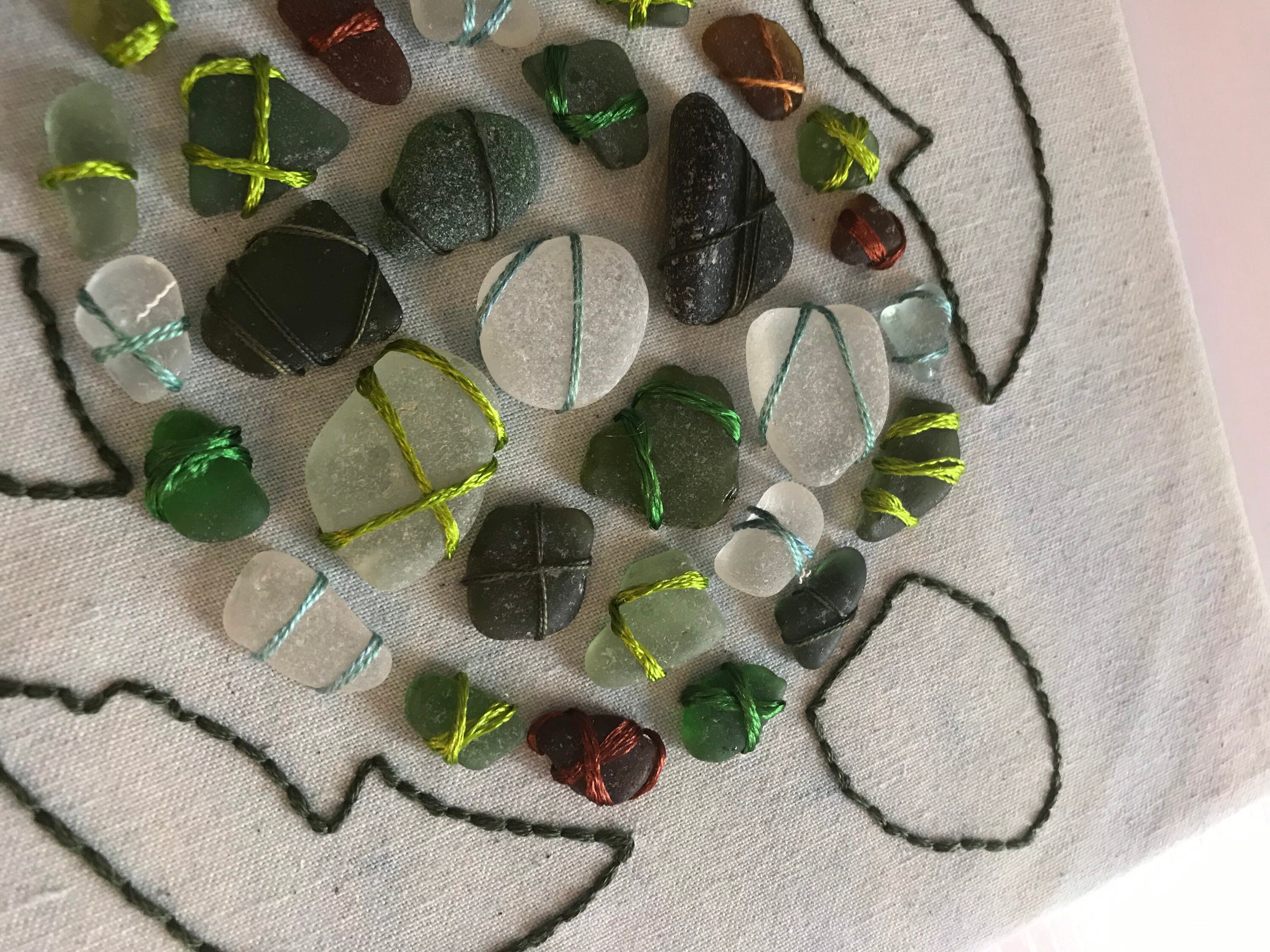 Turtle Embroidery and Sea Glass Art on Hand Painted Watercolour Fabric ...