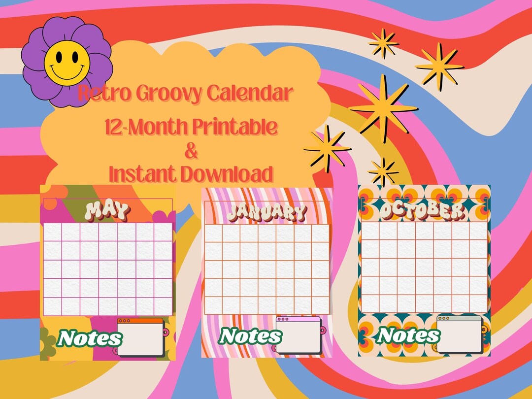 Retro Calendar Printable | 12 Month Groovy PDF | Instant Digital ...