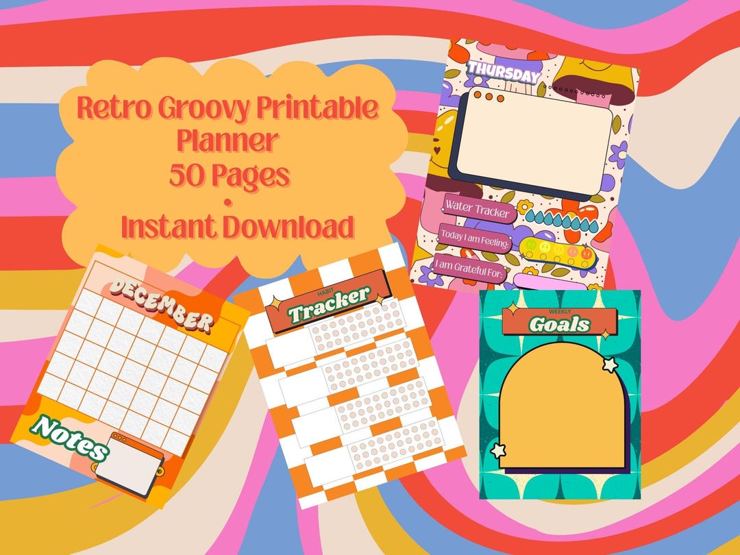 Retro Printable Planner | Daily + Weekly + Monthly Planner PDF | Groovy ...