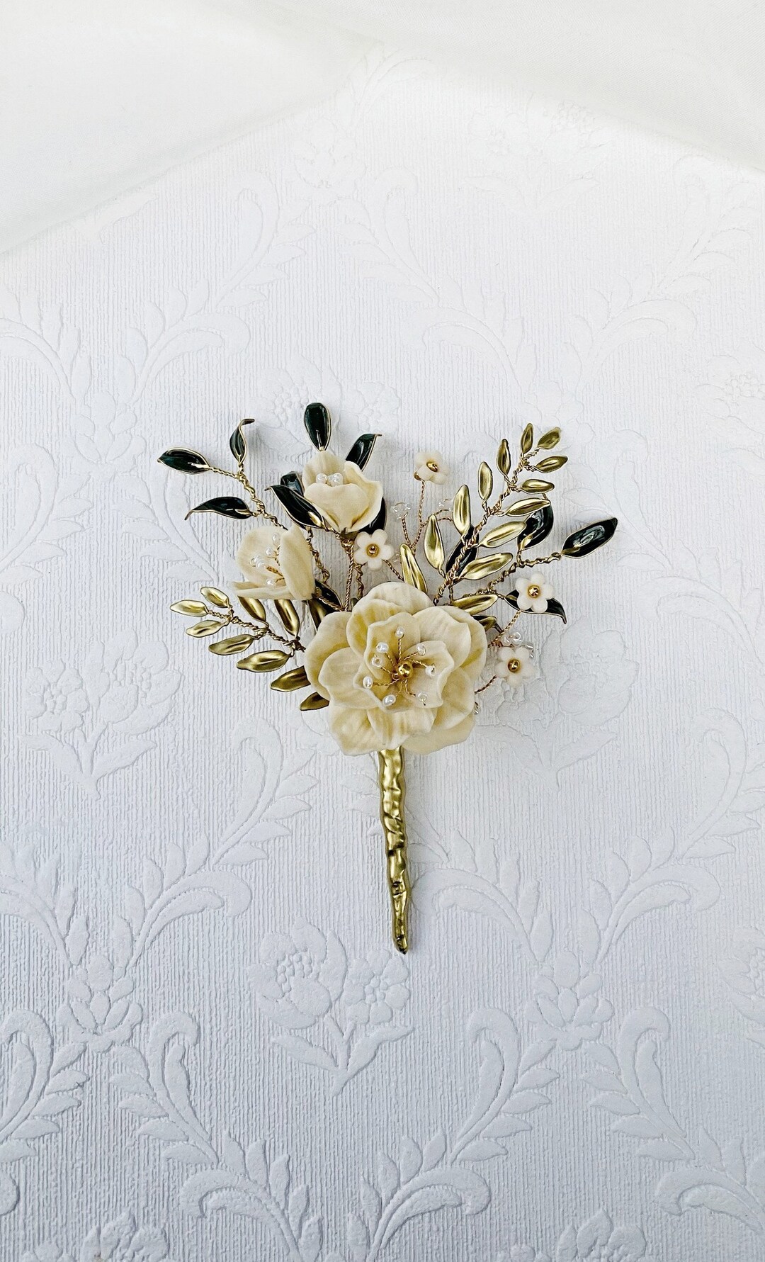 Gold Grooms Pin, Clay Flower Boutonniere, Grooms Fern Corsage #417 - Etsy