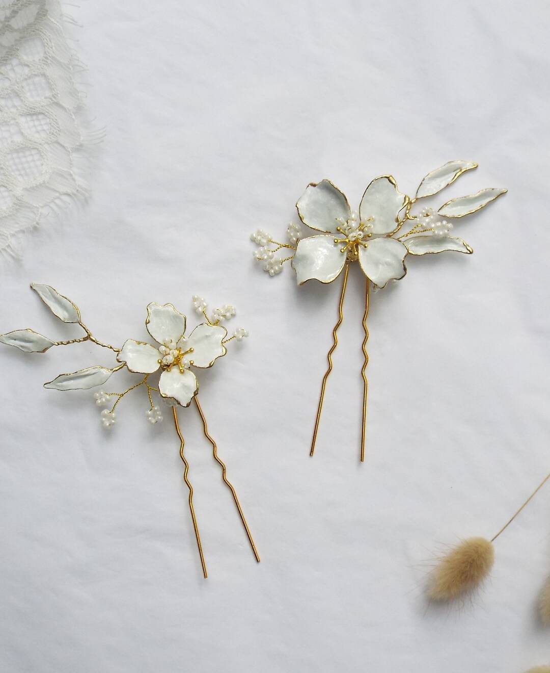 Gold and White Floral Bridal Hair Pins, Beaded Hair Pins, Bridal Pins ...