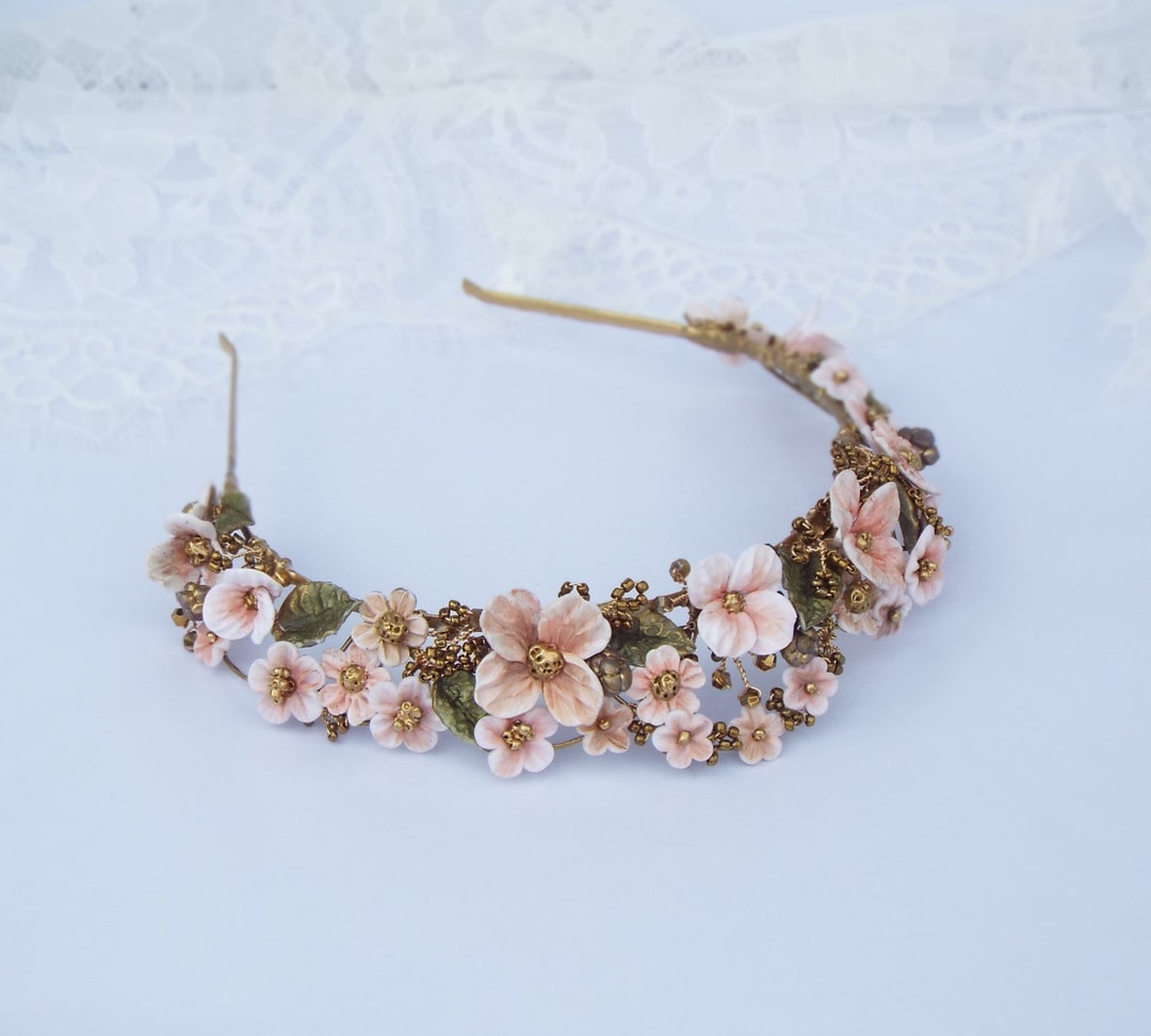 Pink Floral Tiara, Bronze and Gold Bridal Headpiece, Golden Bridal ...