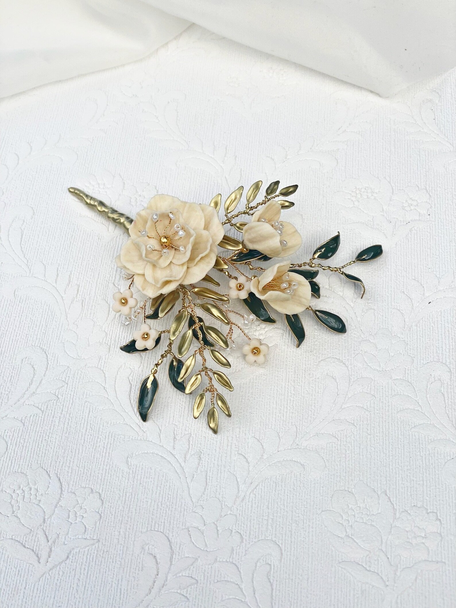 Gold Grooms Pin, Clay Flower Boutonniere, Grooms Fern Corsage #417 - Etsy