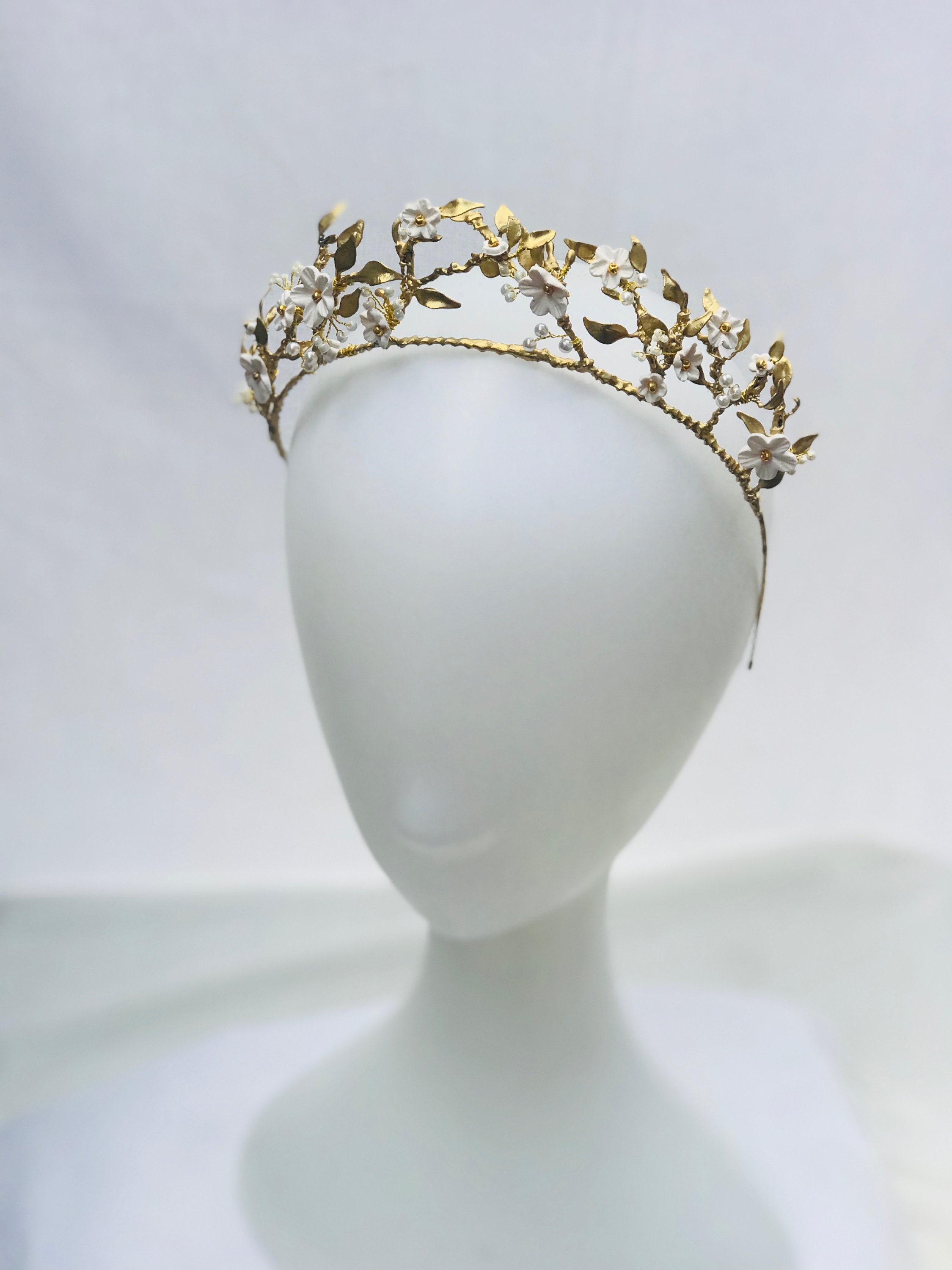 Gold & white flower bridal crown Flower headdress Gold | Etsy