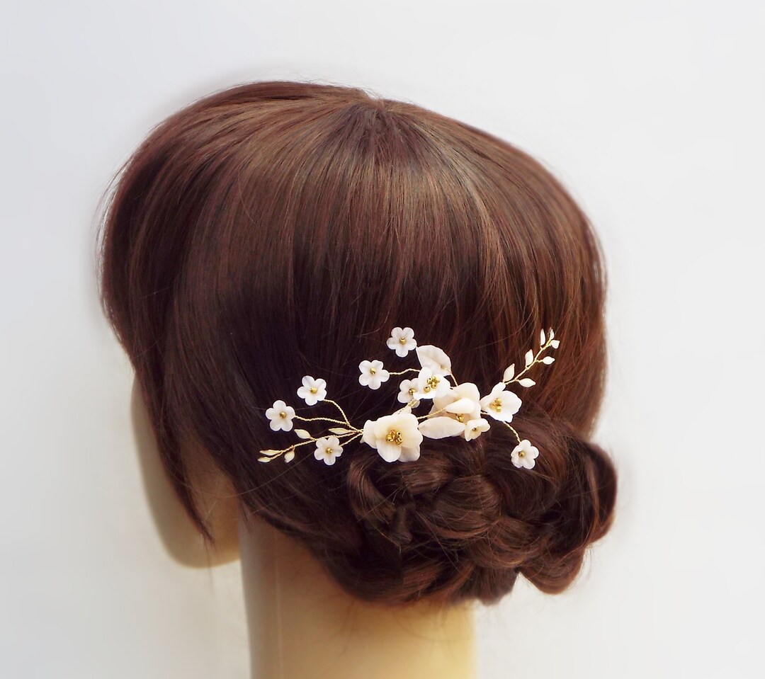 Gold Floral Bridal Hair Pins, Beaded Hair Pins, White Flower Bridal ...