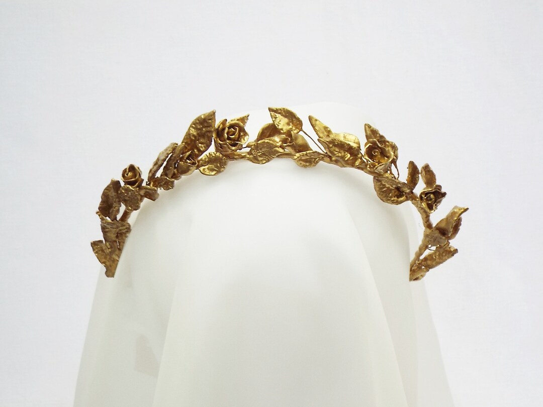 Gold Wedding Crown, Whimsical Bridal Headdress, Gold Rose Crown, Golden ...