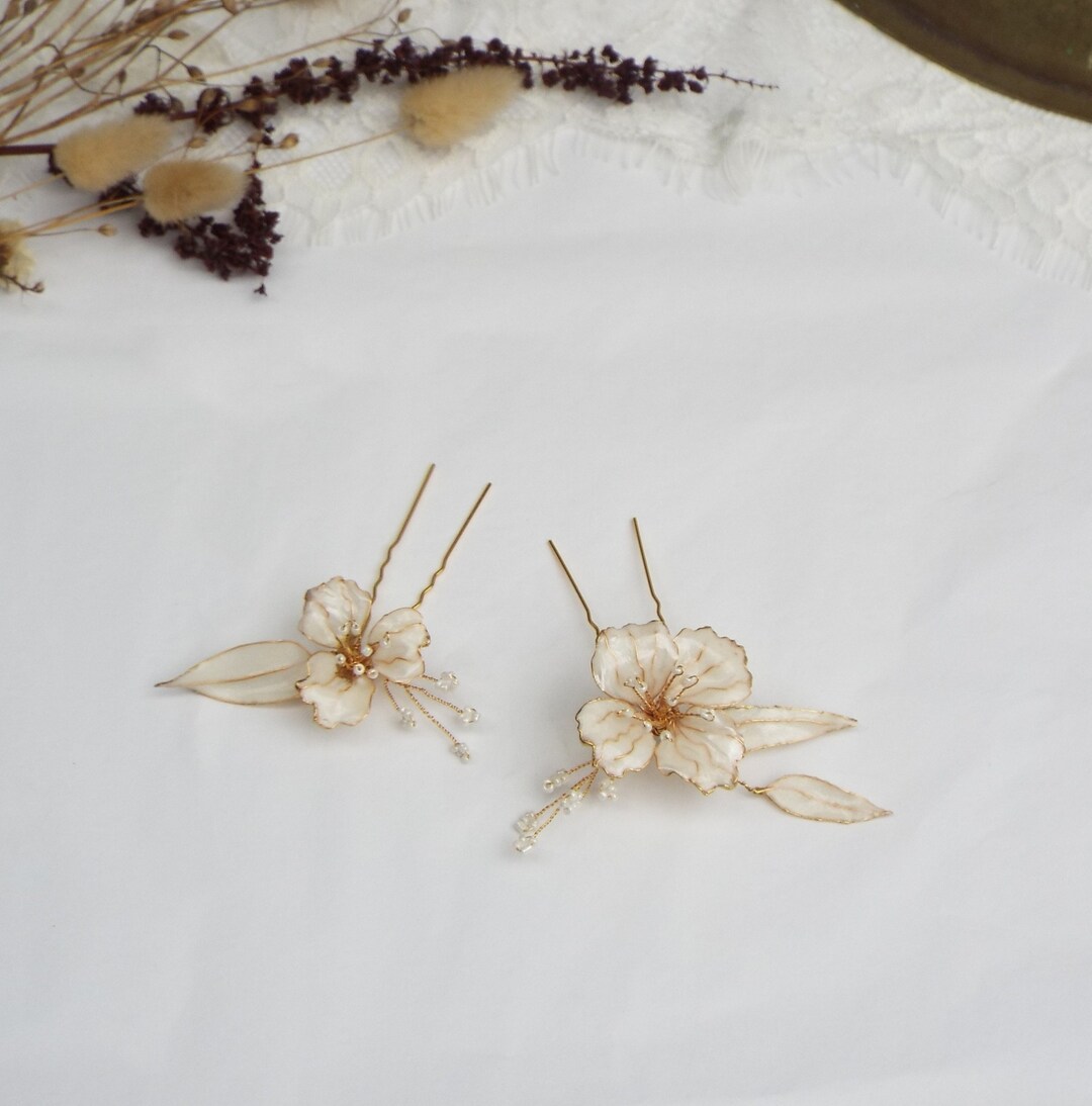 Gold and Pearl White Floral Bridal Hair Pins, Beaded Hair Pins, Bridal ...