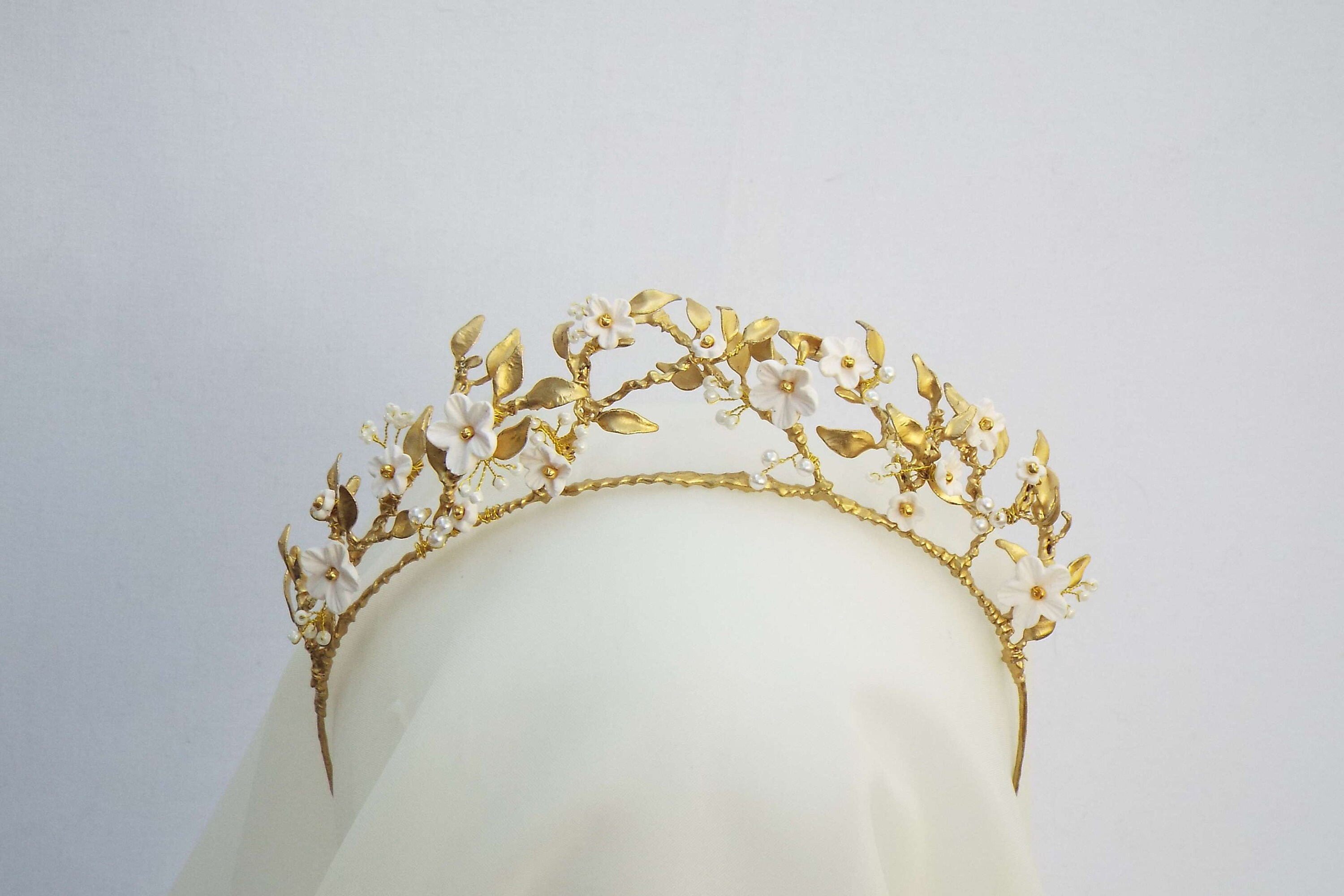 Gold & white flower bridal crown Flower headdress Gold | Etsy