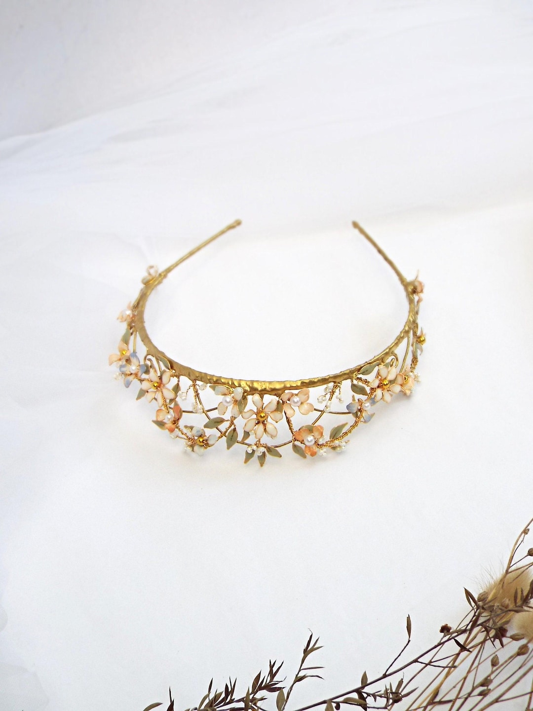 Beaded Bridal Tiara: Golden Wedding Floral Headband - Etsy