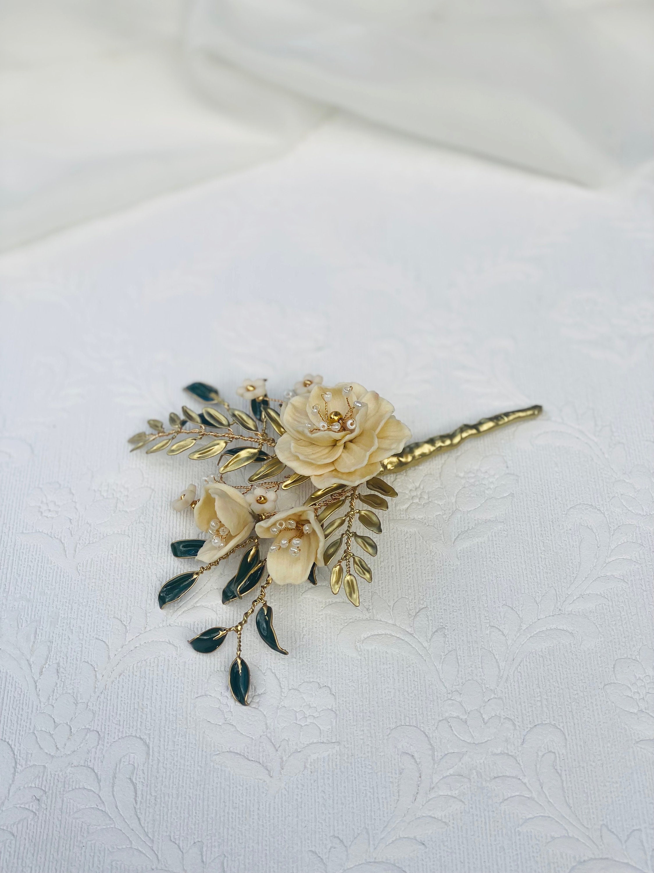 Gold Grooms Pin, Clay Flower Boutonniere, Grooms Fern Corsage #417 - Etsy