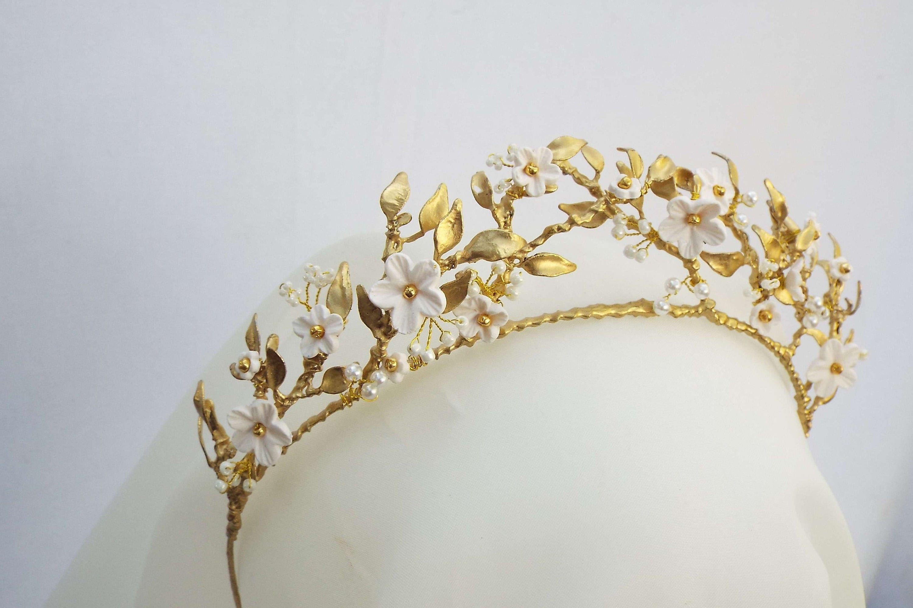 Gold & white flower bridal crown Flower headdress Gold | Etsy