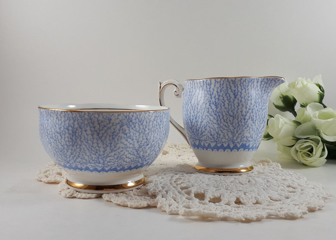 Blue and White Bell China Cream and Sugar; English Bone China Gilt Edge ...