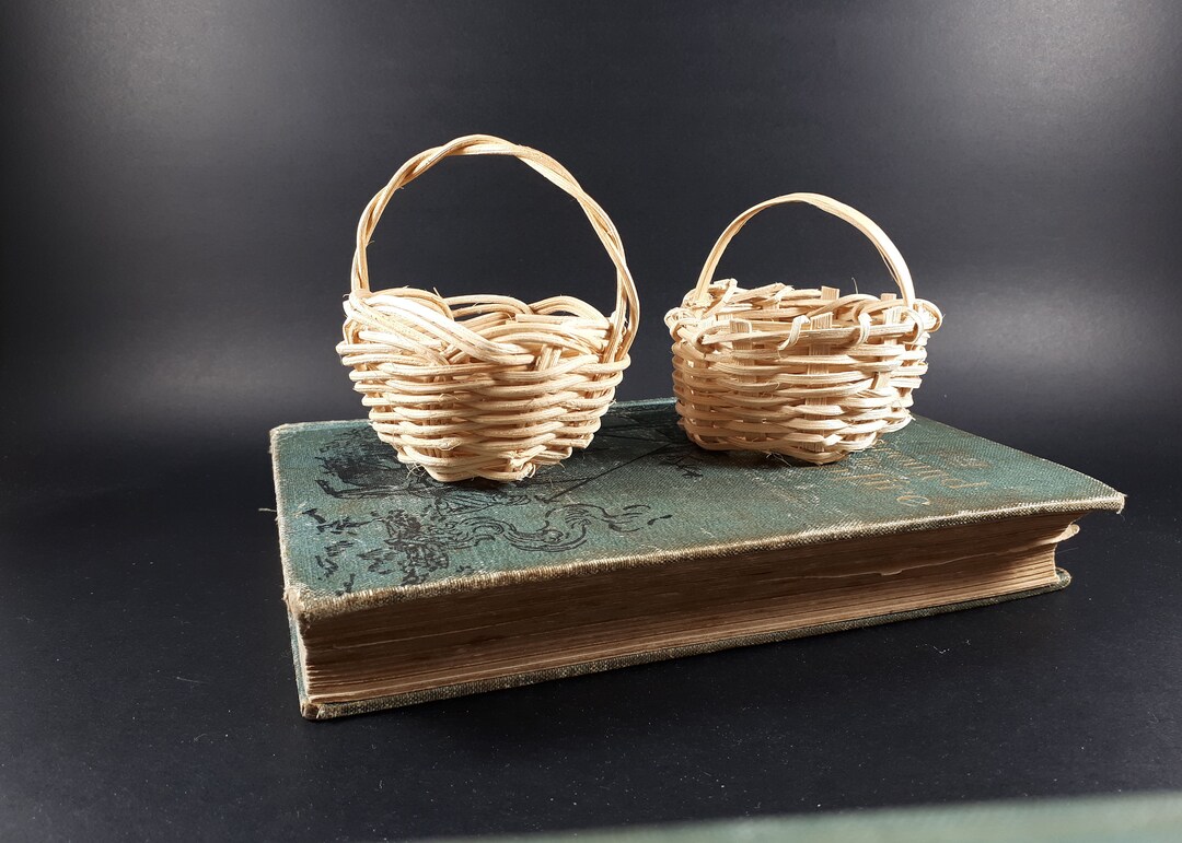 Two Small Straw Baskets; Miniature Handled Wicker Baskets; Tiny Baskets ...