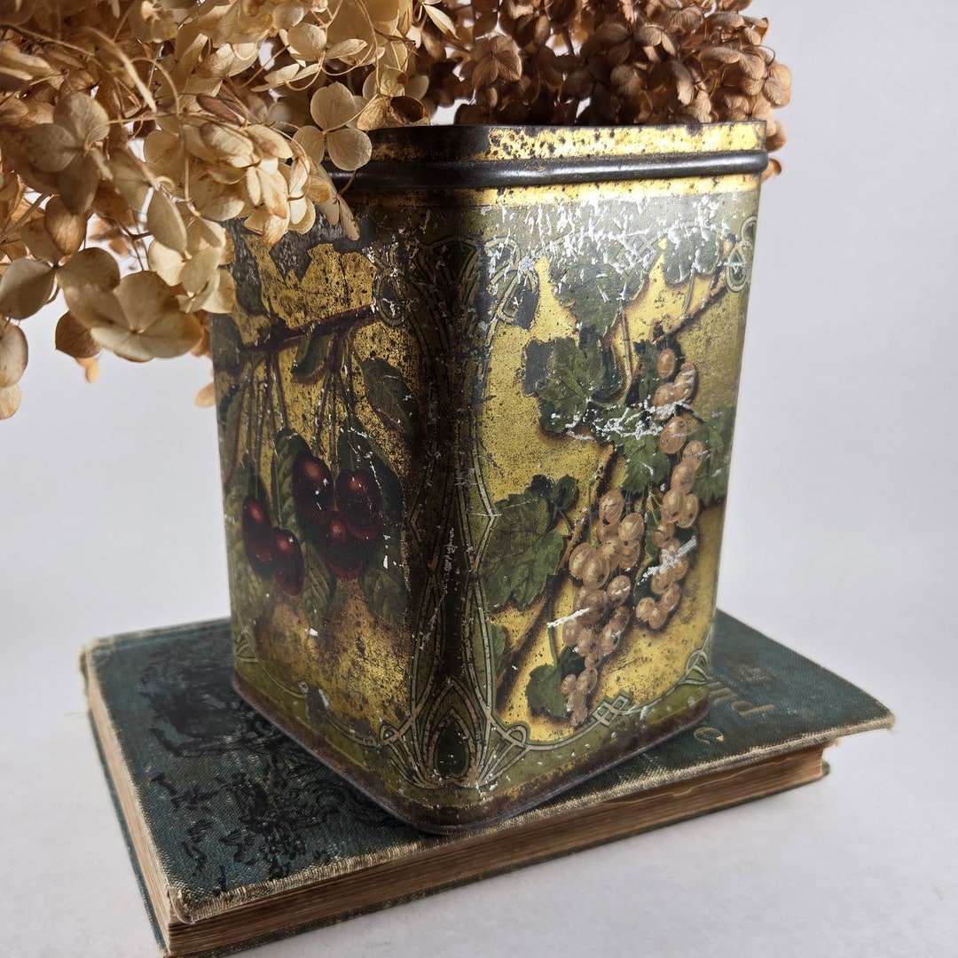 Vintage Storage Tin With Transferware Flowers; Chippy Rusty Decorative ...
