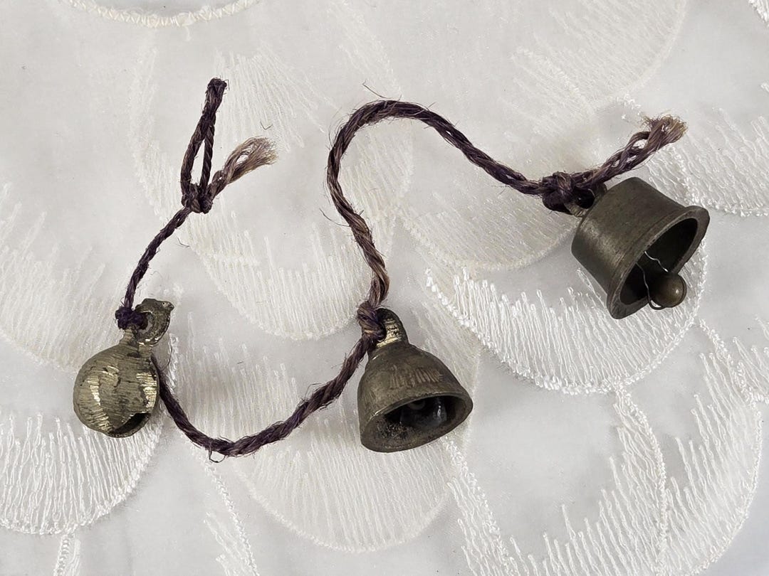 Tiny Brass Bells; Set of Three Small Vintage Bells on Cord; Fairy Bells ...