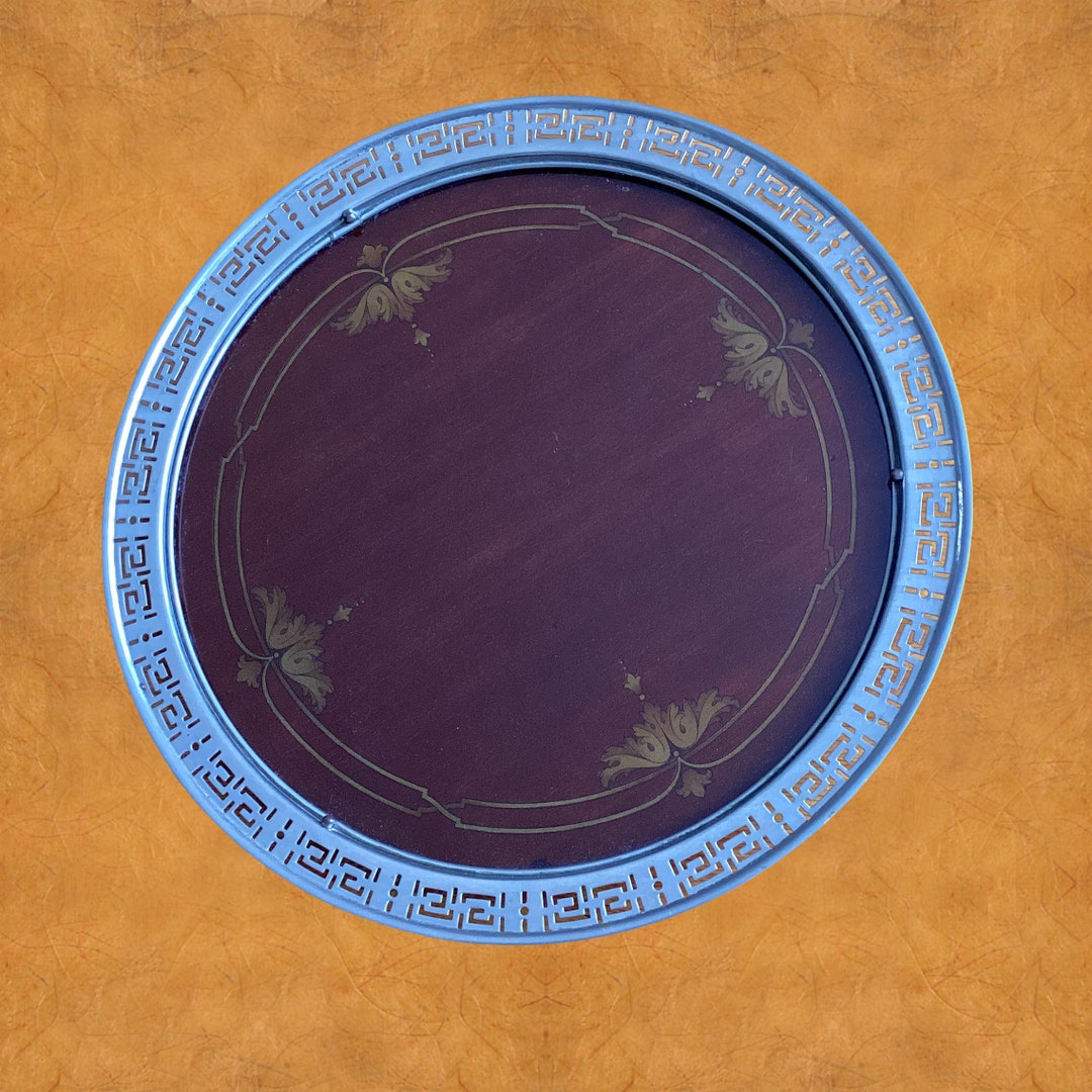 Pewter Colored Rim Tray With Woodgrain and Glass; Vintage Round Tray ...