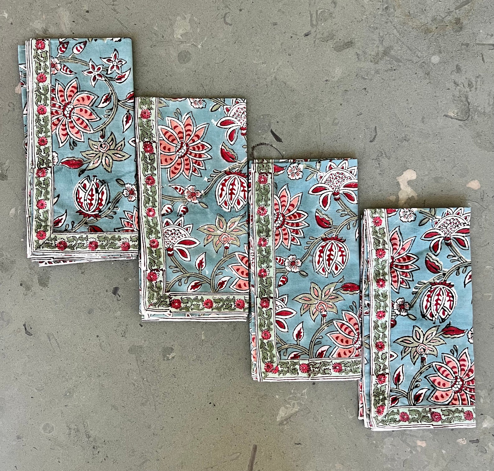 Aqua Blue Floral Napkins, Cotton Block Print, Sets of 4 - Etsy