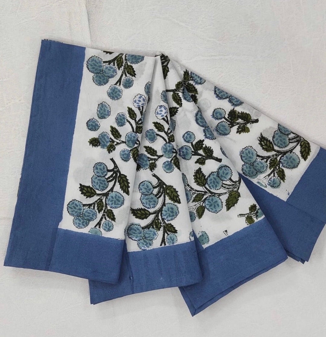 Blue Floral Napkins, Cotton Block Print, Sets - Etsy