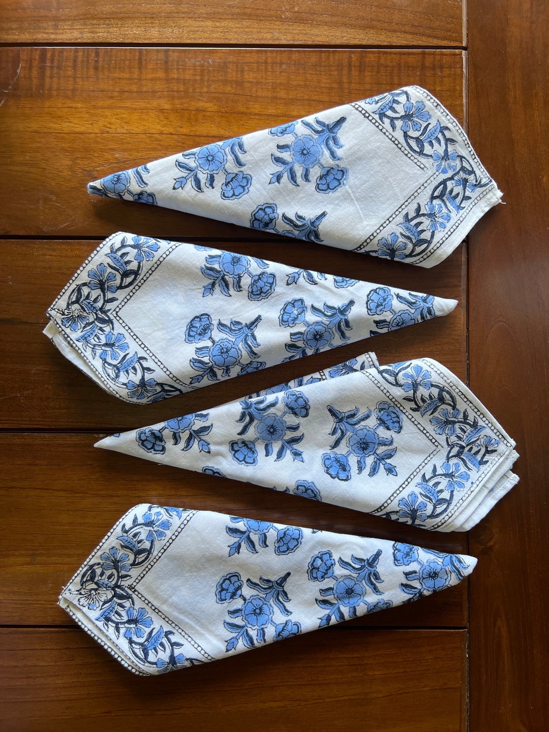 Blue Floral Napkins, Cotton Block Print, Sets - Etsy