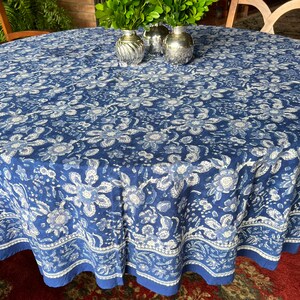 Blue Floral Block Print 90” Cotton Tablecloth - Etsy