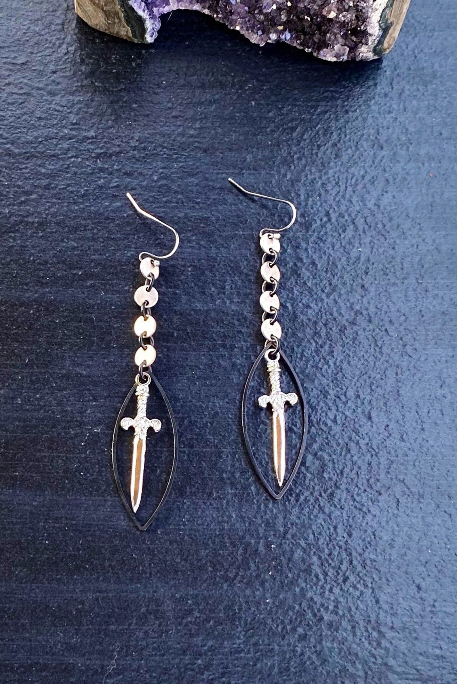 Sword Earrings Silver Dagger Earrings Dangle Mixed Metal | Etsy