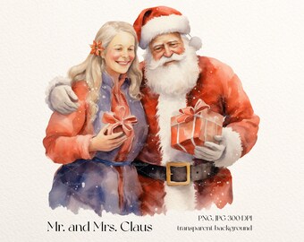 Santa and Mrs Claus Watercolor Clipart Bundle PNG for Sublimation, Pink ...