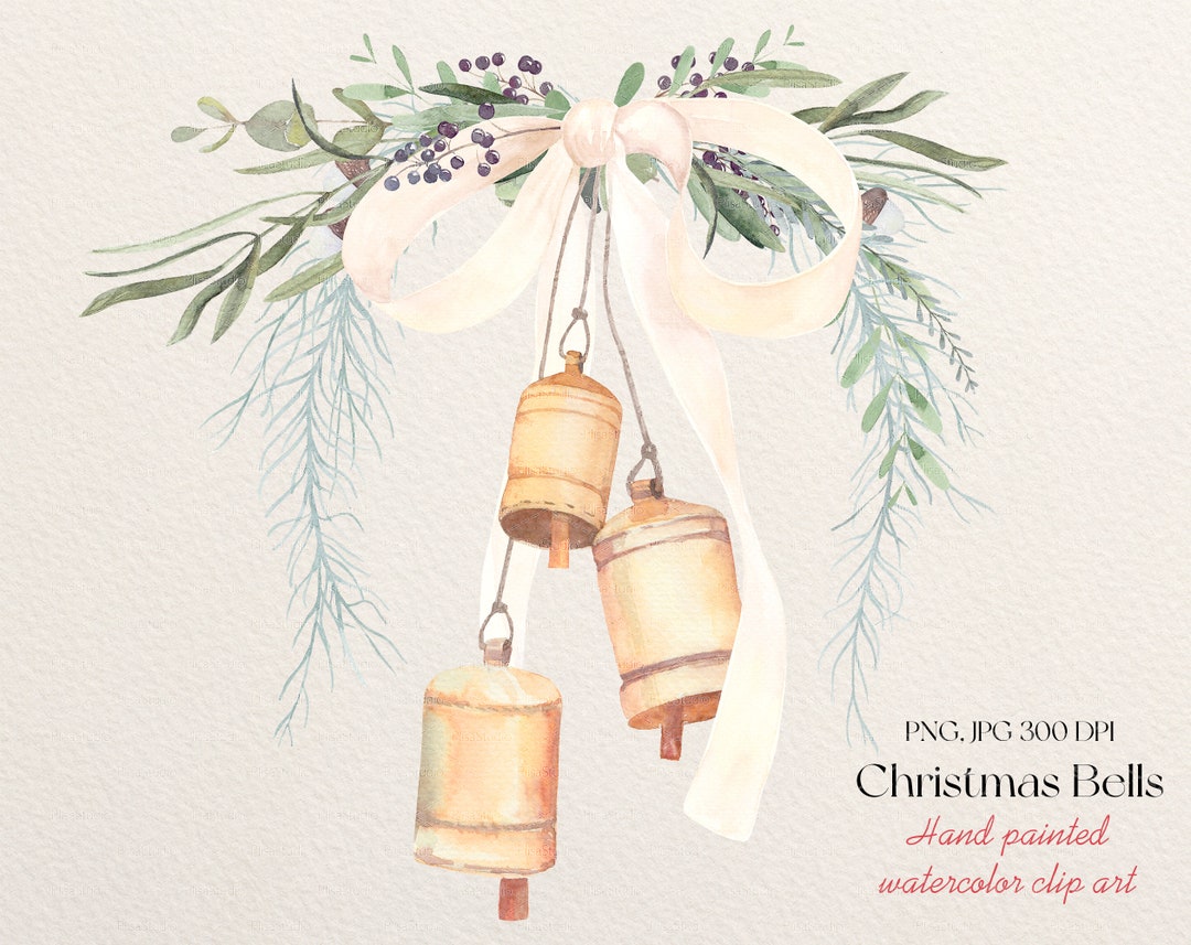 Christmas Greenery Garland Bells Clipart Watercolor Wreath PNG Vintage ...